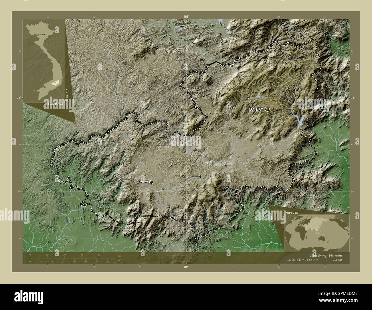 Lam ong, province of Vietnam. Elevation map colored in wiki style with ...