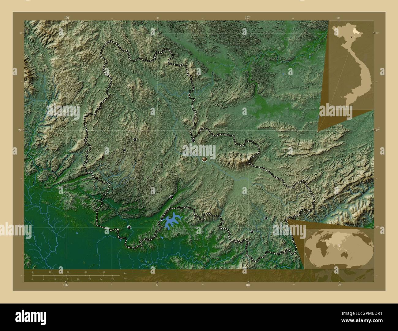 Lang Son, province of Vietnam. Colored elevation map with lakes and ...