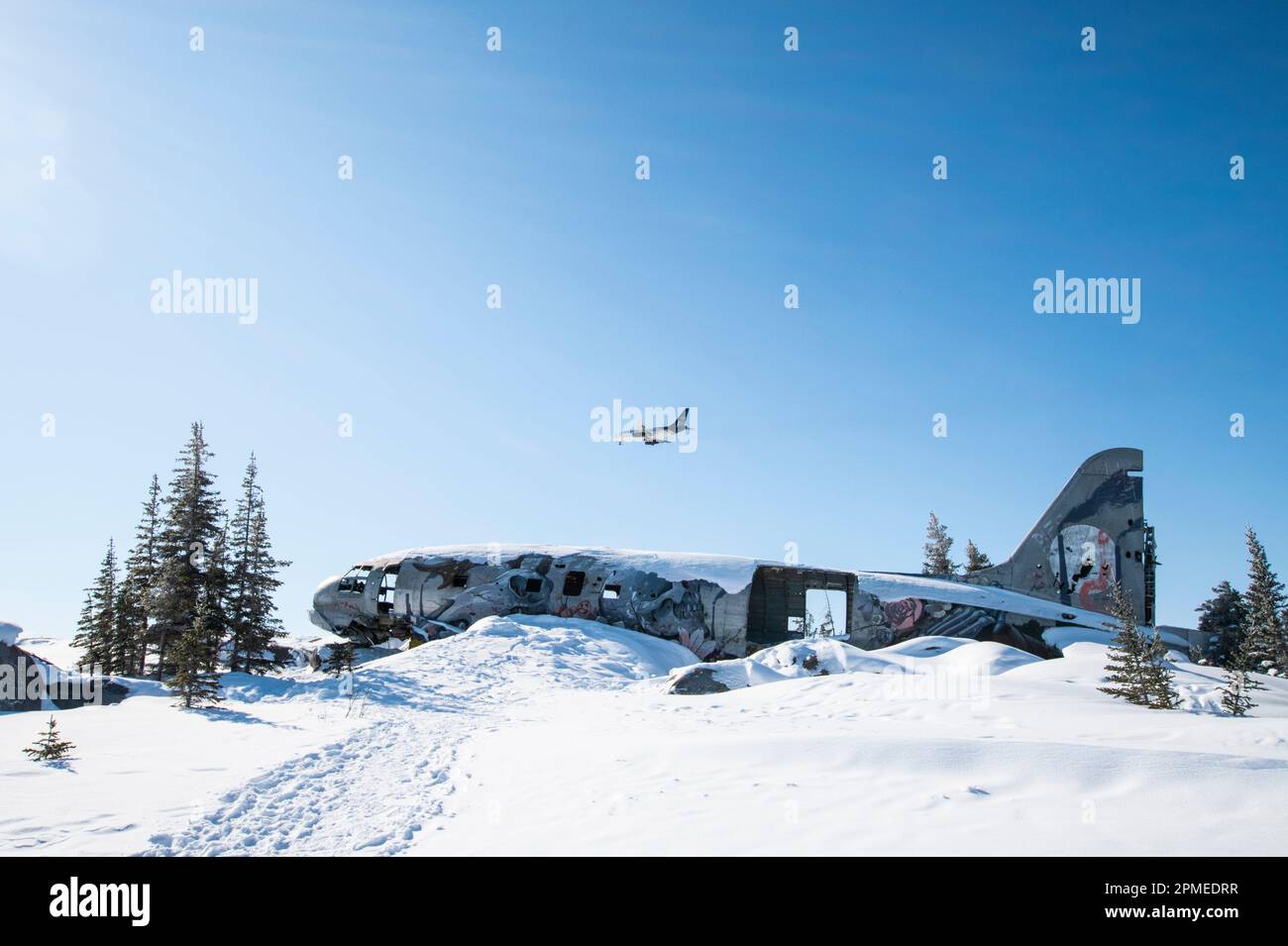 Airplane flying above Miss Piggy Curtiss C-46 Commando crashed aircraft ...