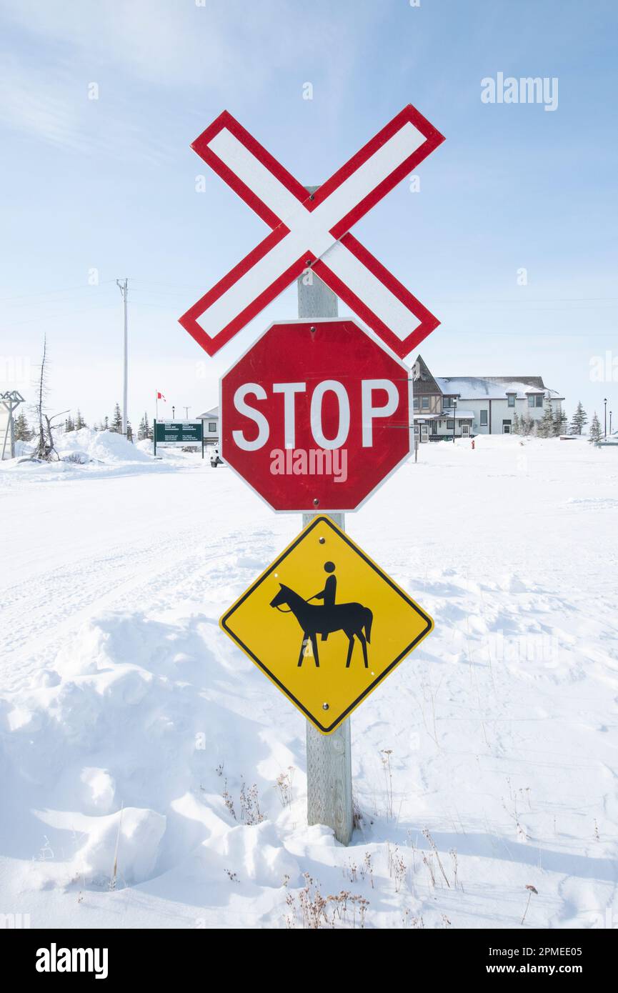 Three signs in one by the train station in Churchill, Manitoba, Canada ...