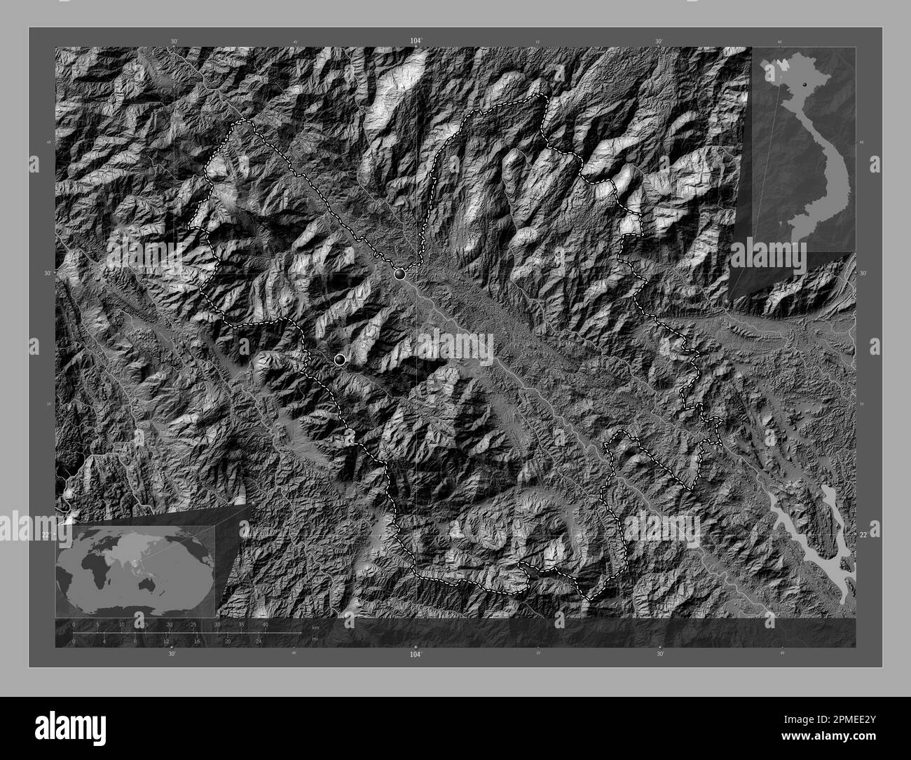 Lao Cai, province of Vietnam. Bilevel elevation map with lakes and ...