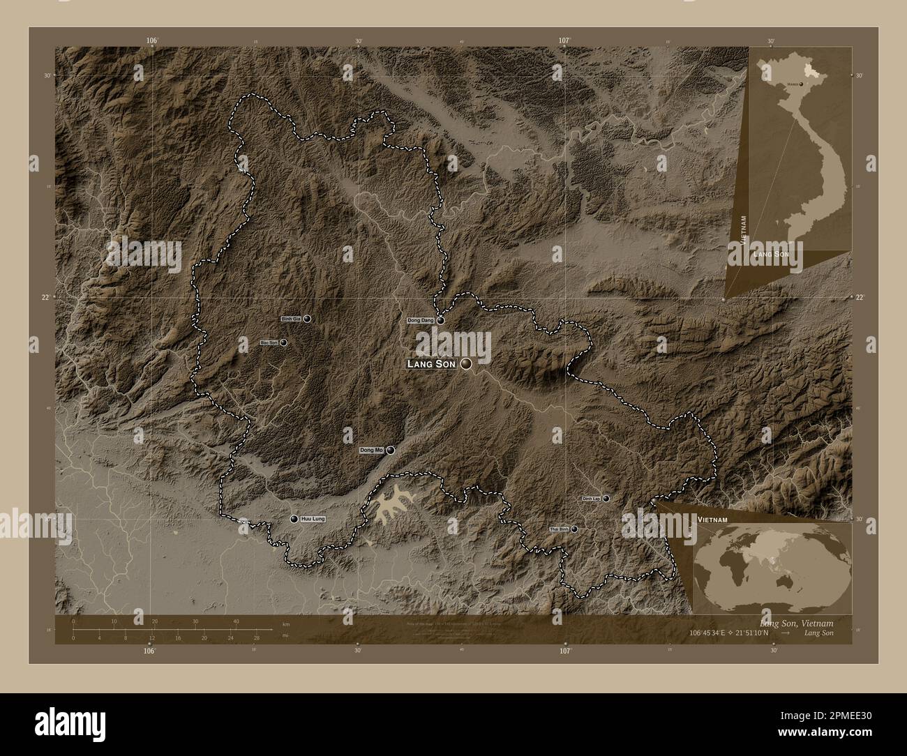 Lang Son, province of Vietnam. Elevation map colored in sepia tones ...
