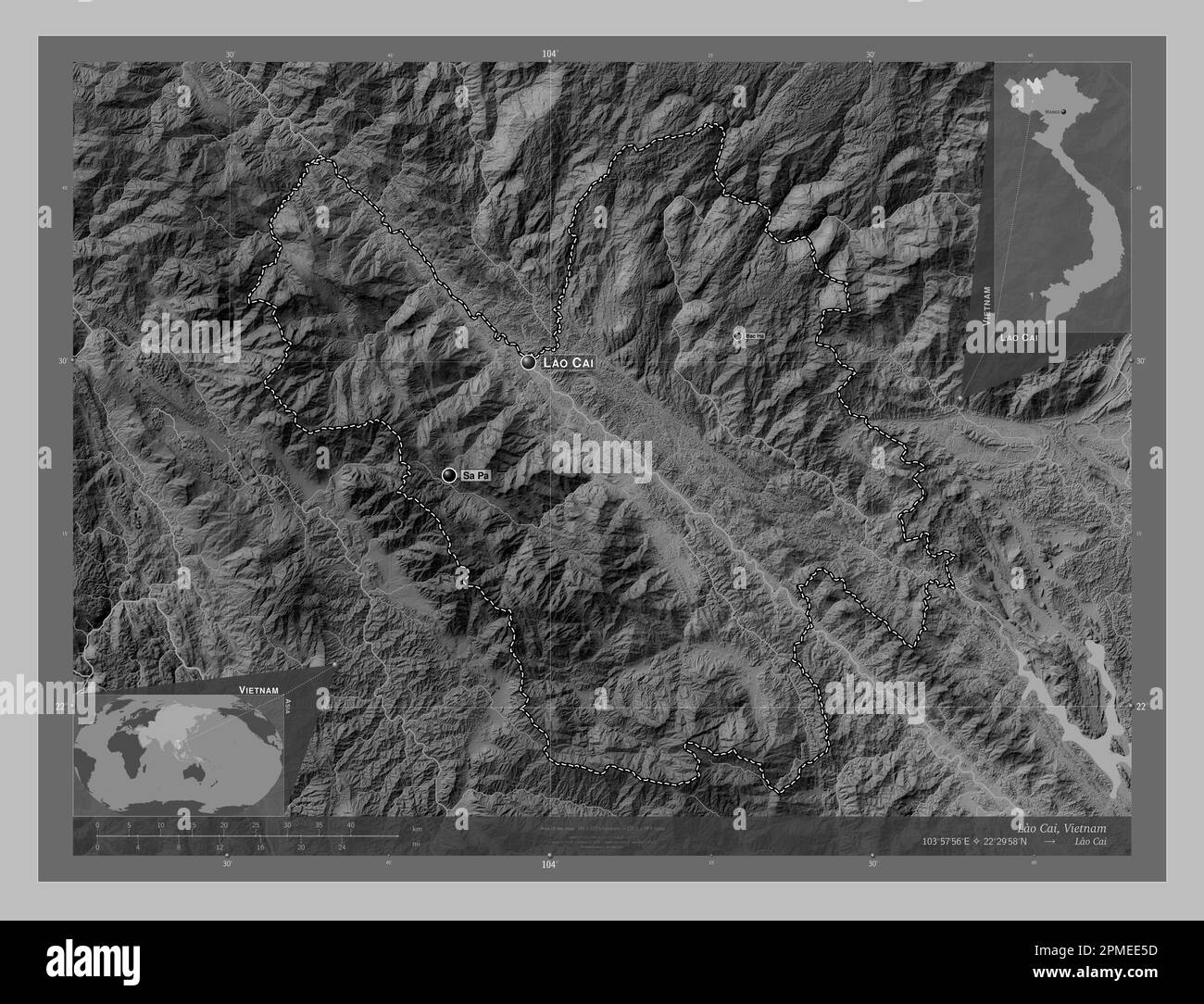 Lao Cai, province of Vietnam. Grayscale elevation map with lakes and ...