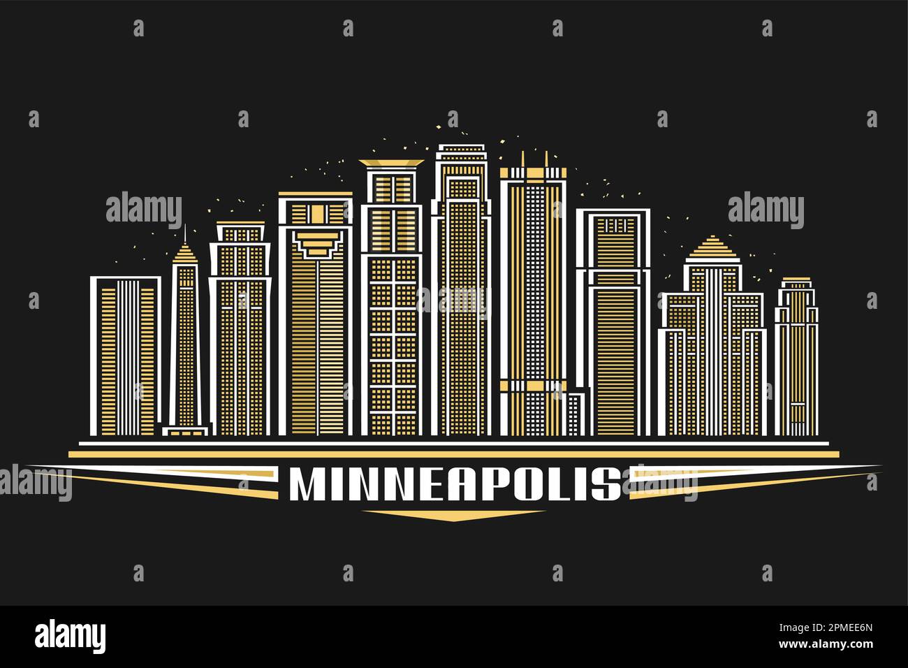 Vector illustration of Minneapolis, dark horizontal poster with linear ...