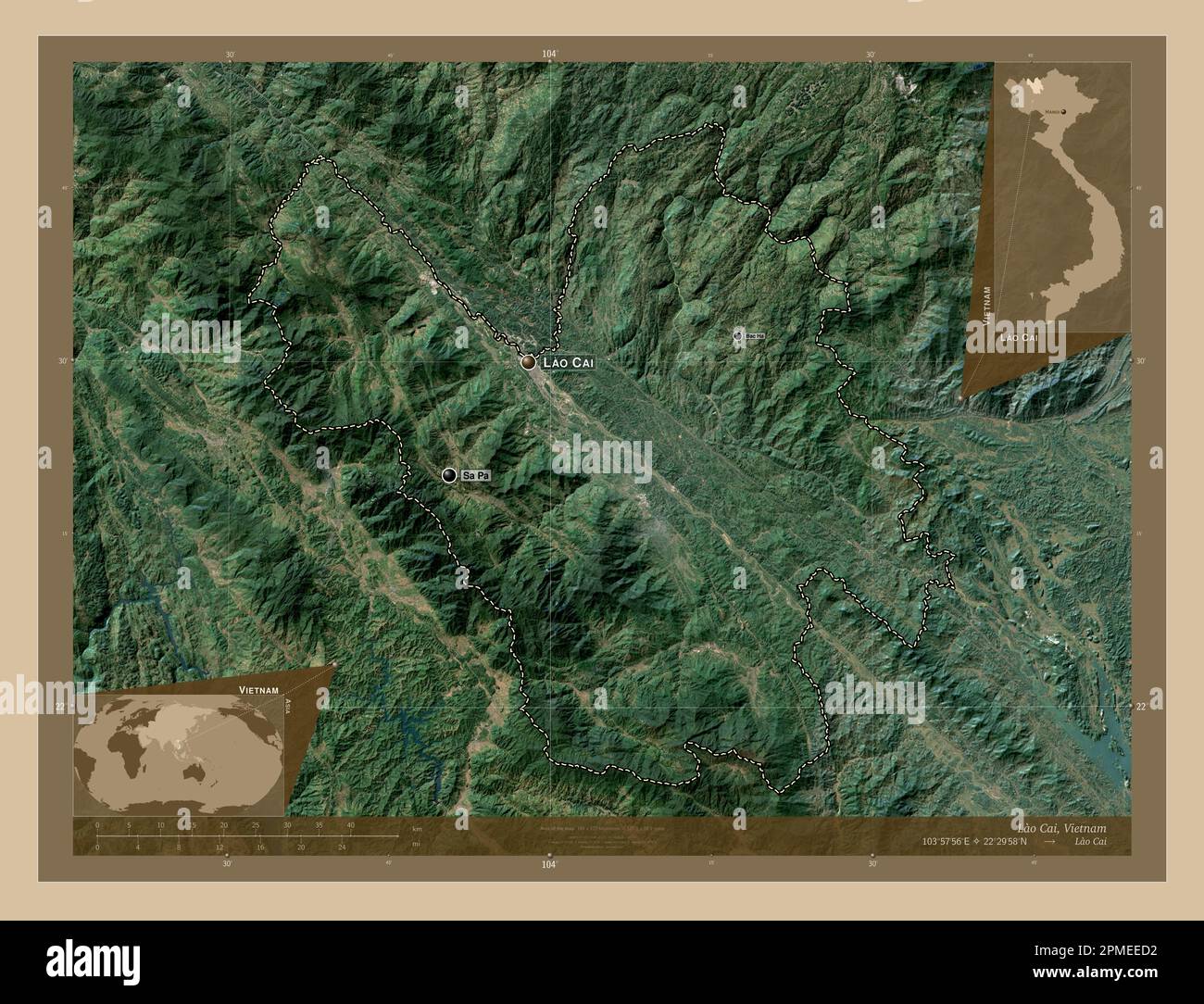 Lao Cai, province of Vietnam. Low resolution satellite map. Locations ...