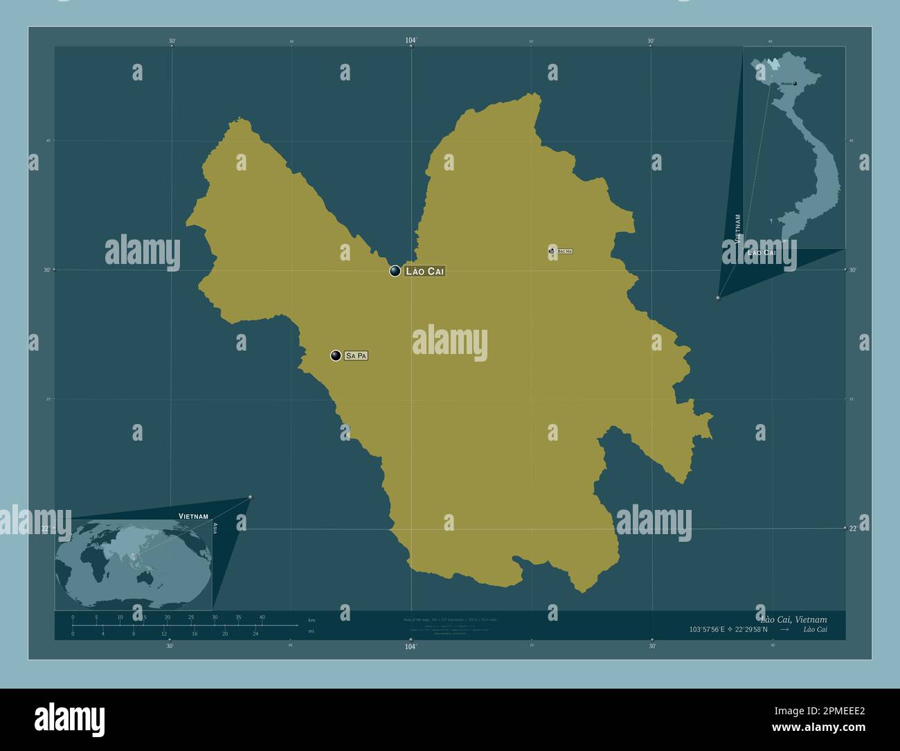 Lao Cai, province of Vietnam. Solid color shape. Locations and names of ...