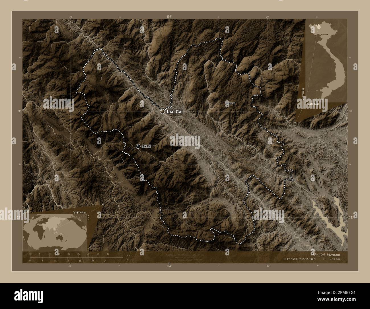 Lao Cai, province of Vietnam. Elevation map colored in sepia tones with ...