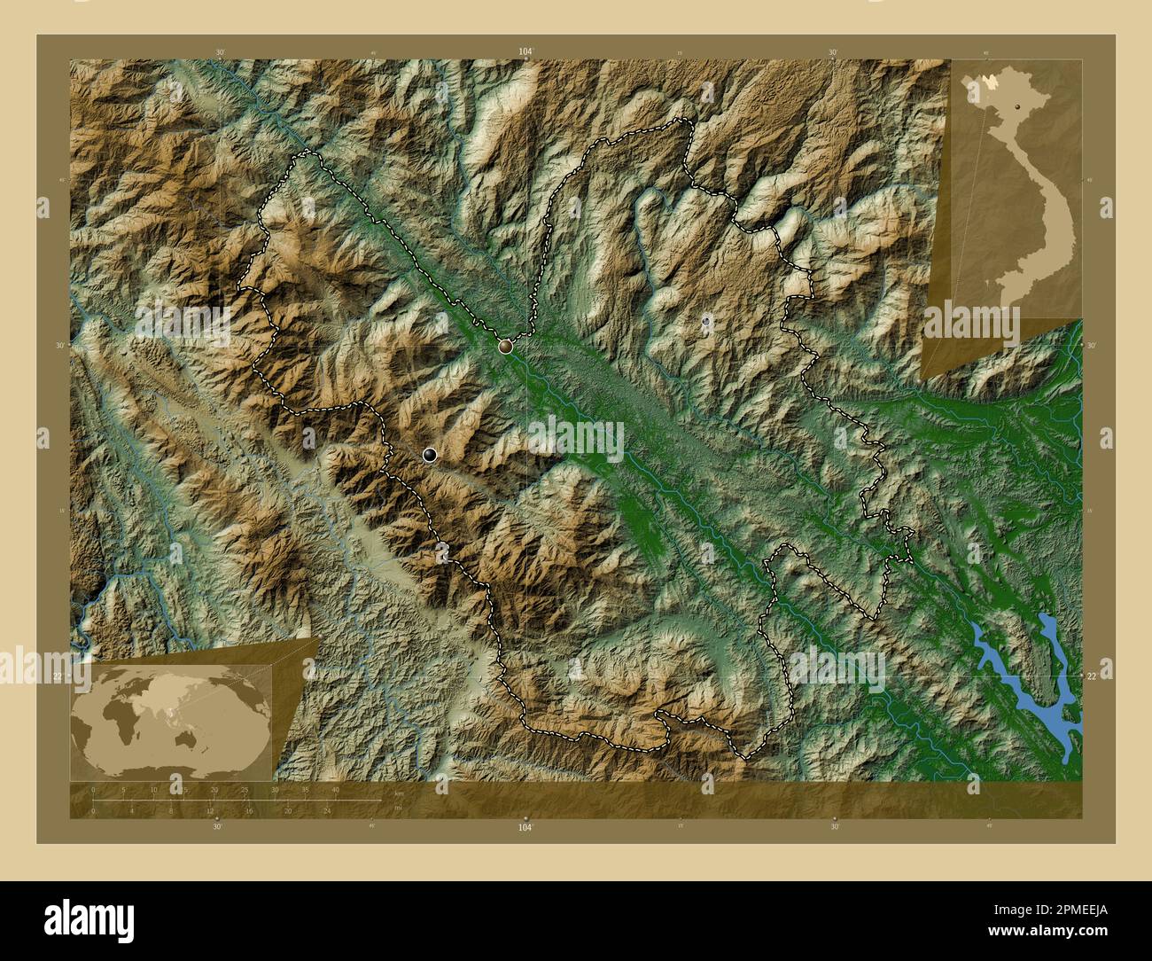 Lao Cai, province of Vietnam. Colored elevation map with lakes and ...