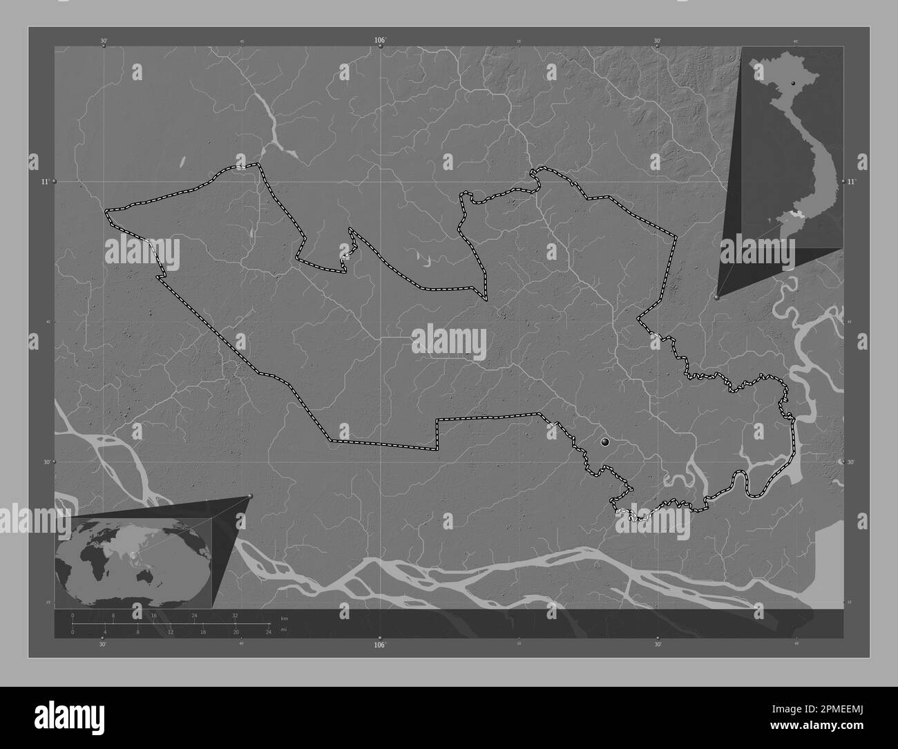 Long An, province of Vietnam. Bilevel elevation map with lakes and ...