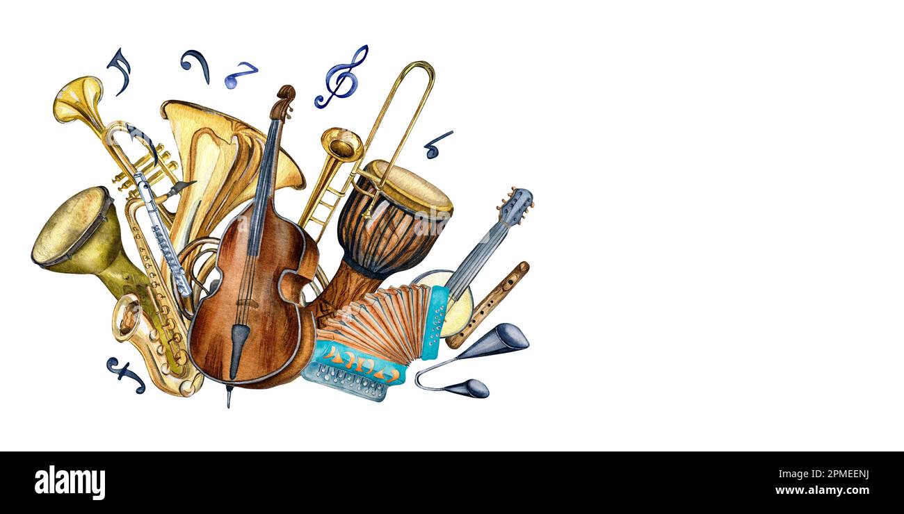 Composition of variouse musical instruments and symbol watercolor ...