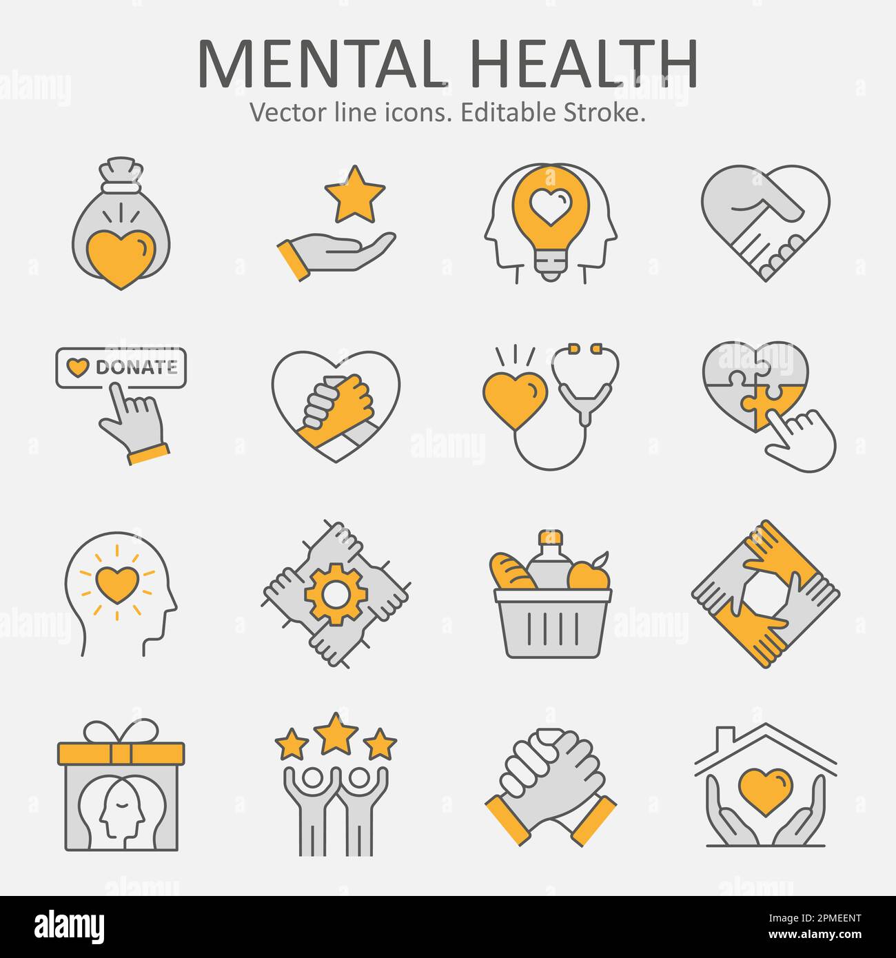 Mental health icons, such as donation, charuty, empathy, volunteer and ...