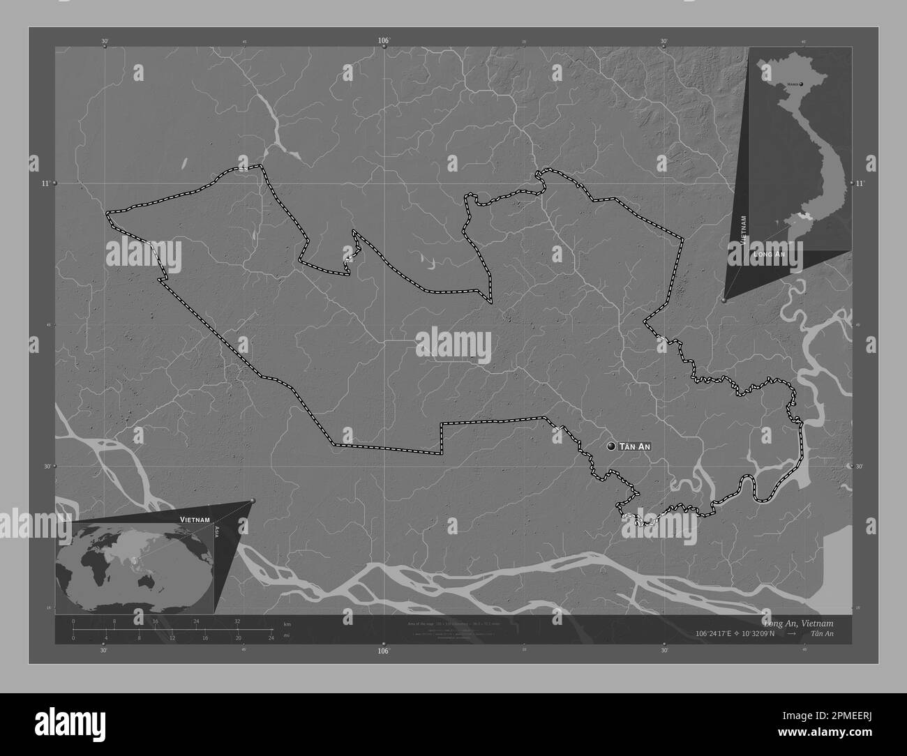 Long An, province of Vietnam. Bilevel elevation map with lakes and ...