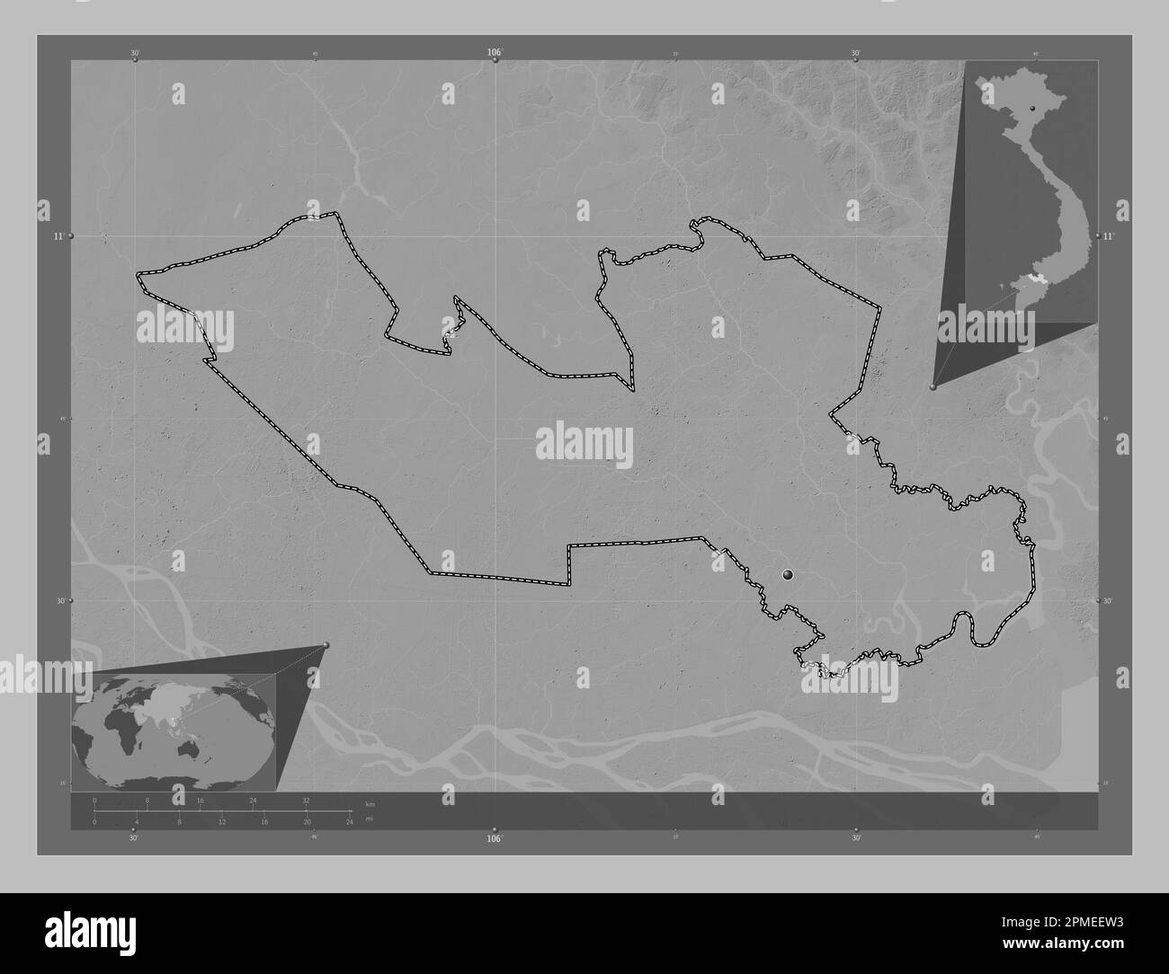 Long An, province of Vietnam. Grayscale elevation map with lakes and ...