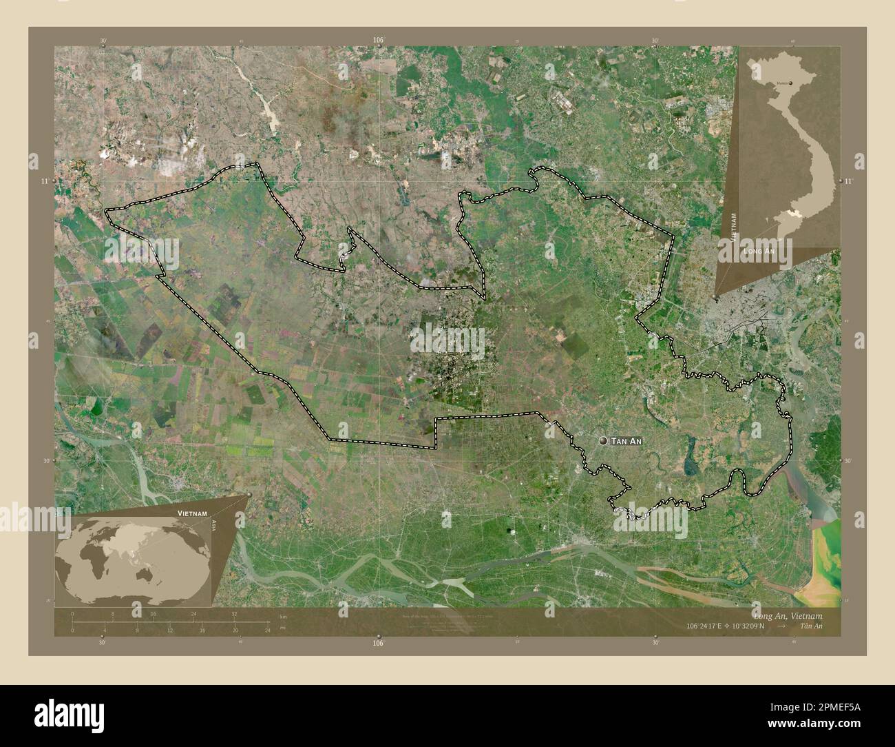 Long An, province of Vietnam. High resolution satellite map. Locations ...