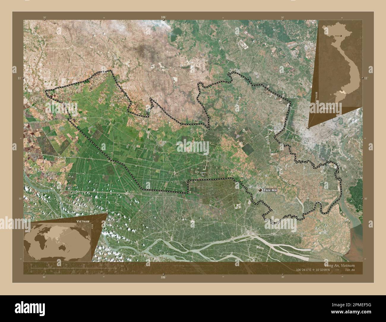 Long An, province of Vietnam. Low resolution satellite map. Locations ...