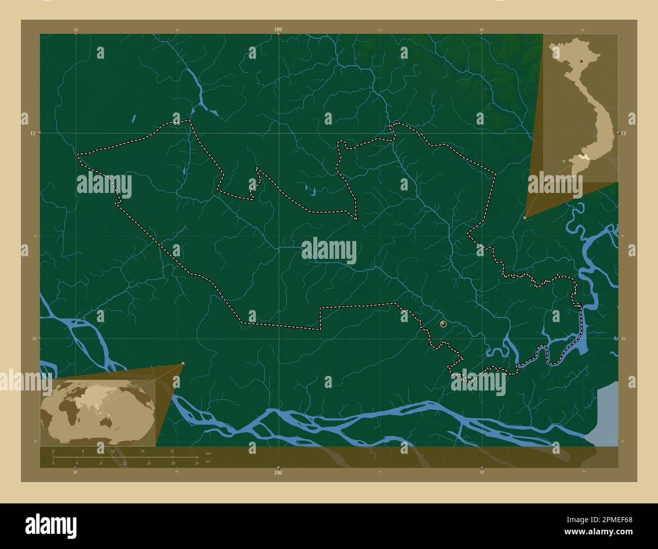 Long An, province of Vietnam. Colored elevation map with lakes and ...