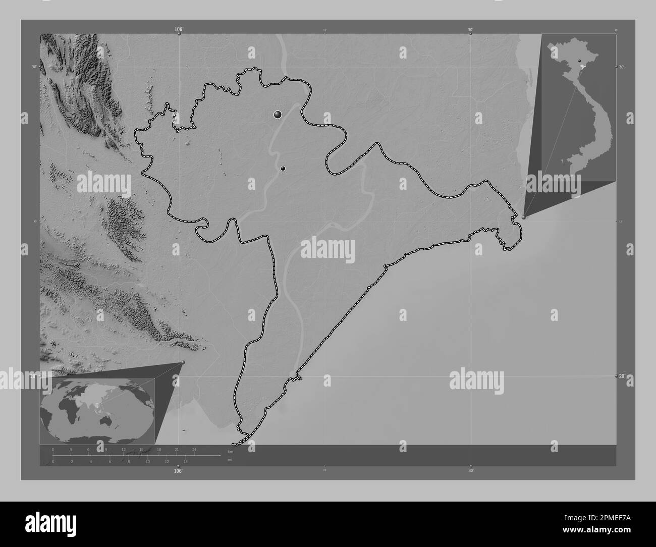 Nam inh, province of Vietnam. Grayscale elevation map with lakes and ...
