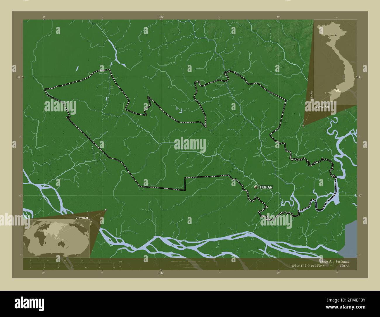Long An, province of Vietnam. Elevation map colored in wiki style with ...