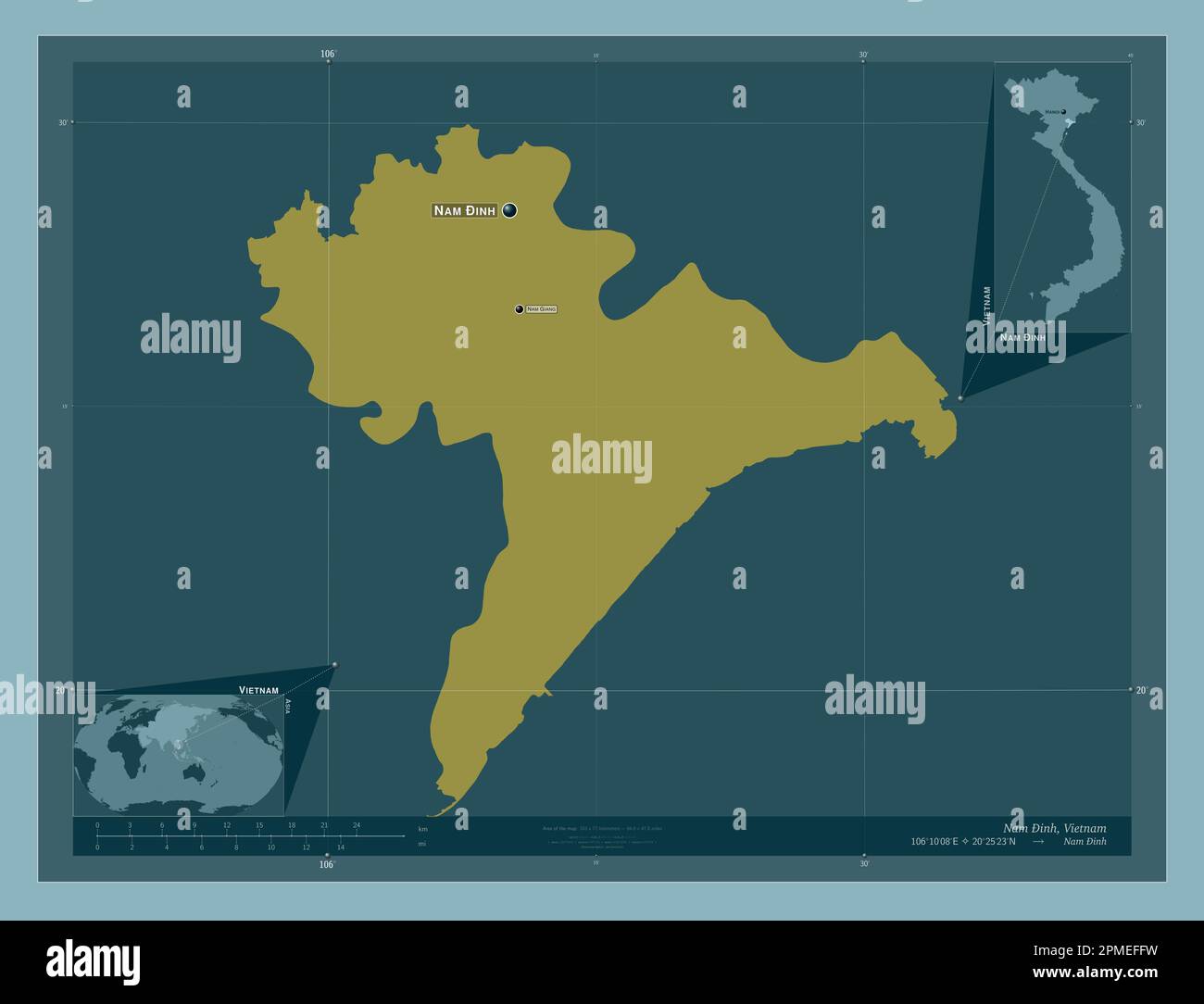 Nam inh, province of Vietnam. Solid color shape. Locations and names of ...