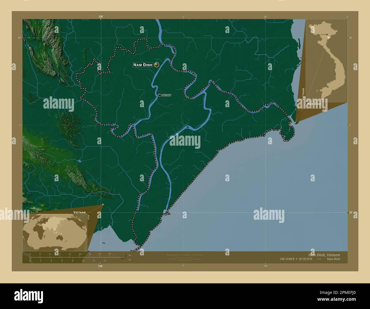 Nam inh, province of Vietnam. Colored elevation map with lakes and ...
