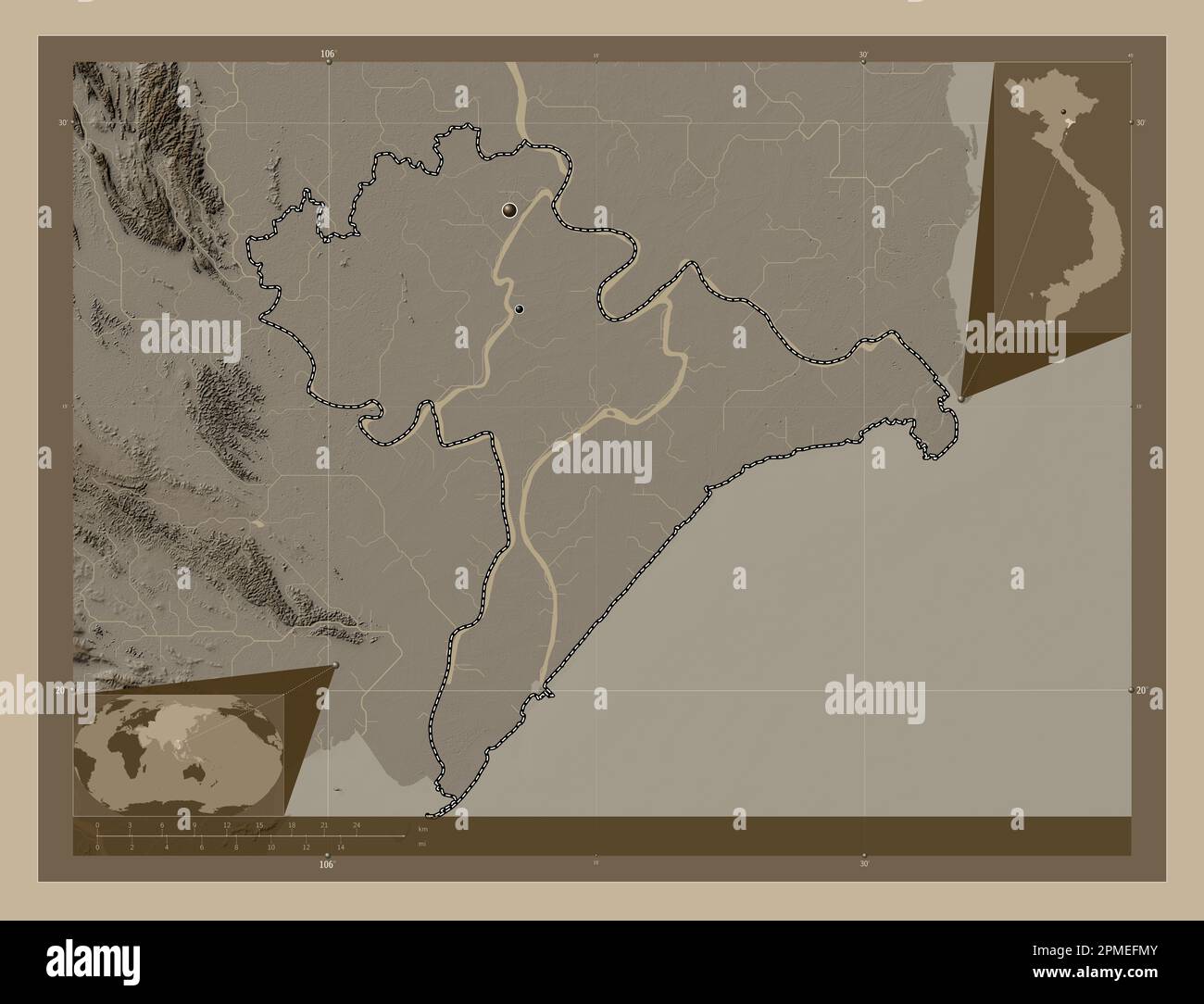 Nam inh, province of Vietnam. Elevation map colored in sepia tones with ...