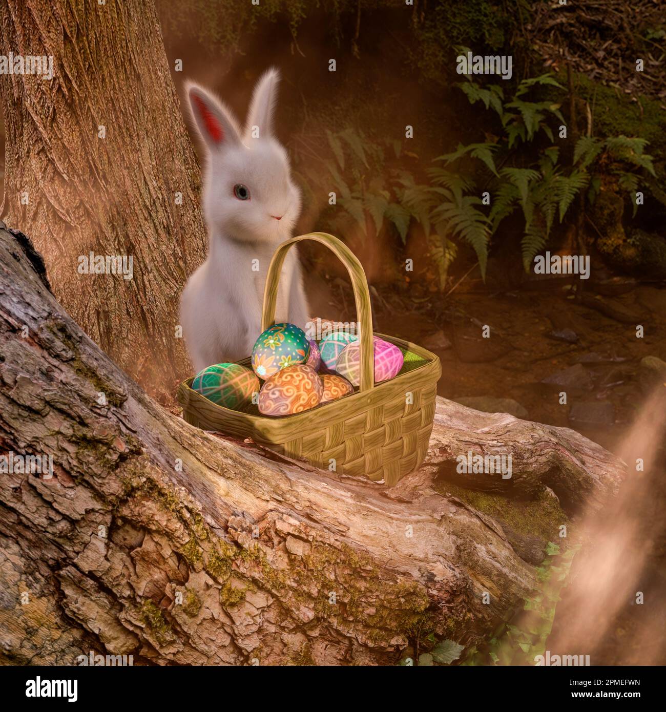 Easter magic bunny rabbit with eggs in an enchanted magical forest as a ...