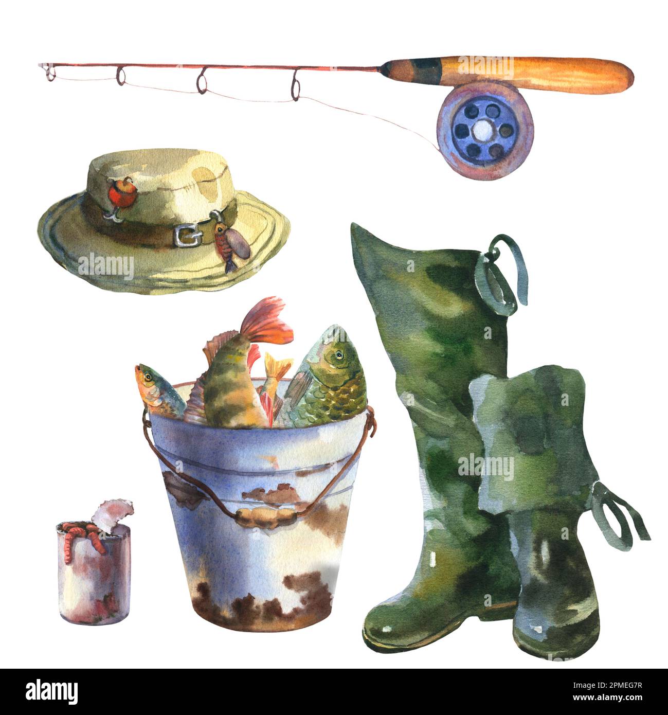 Watercolor hand drawing Fishin illustration, set of iron rustic bucket ...