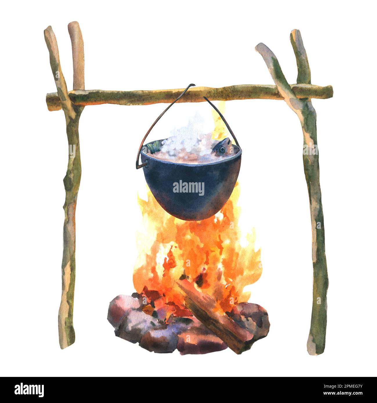 Sticks with knots for hanging the cauldron over the fire. Watercolor ...