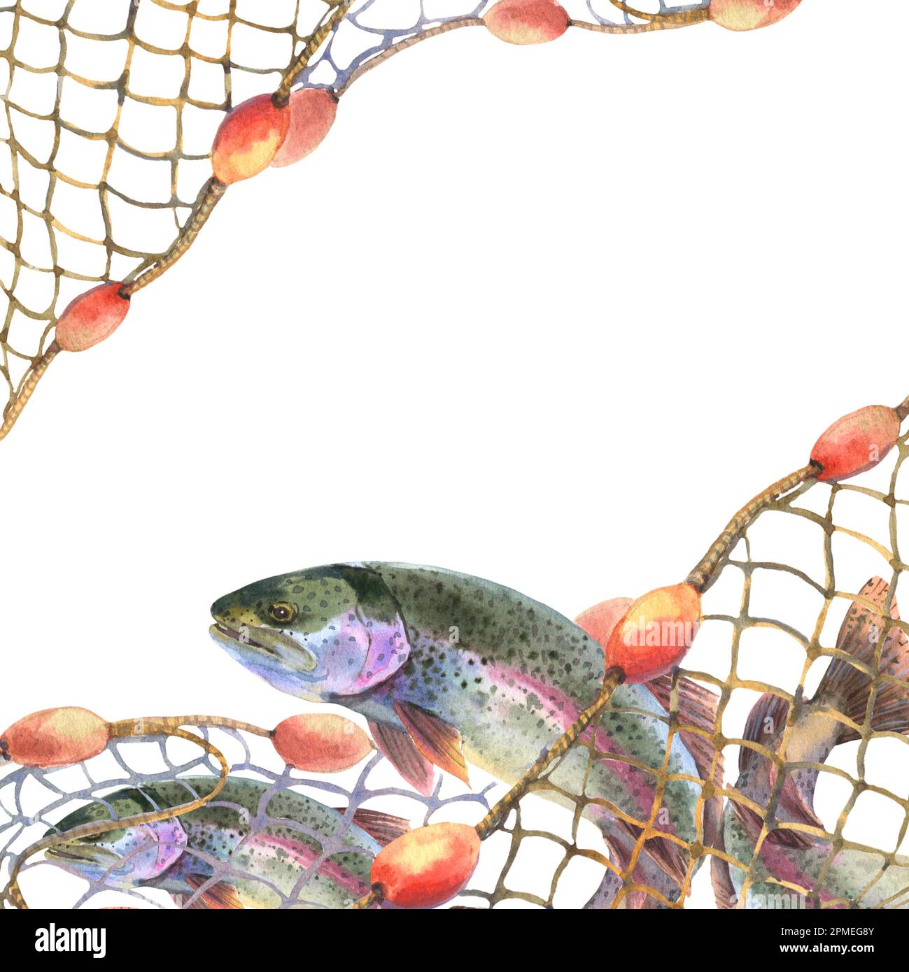 Hand drawn watercolor illustration, frame with fishing net and trouts ...