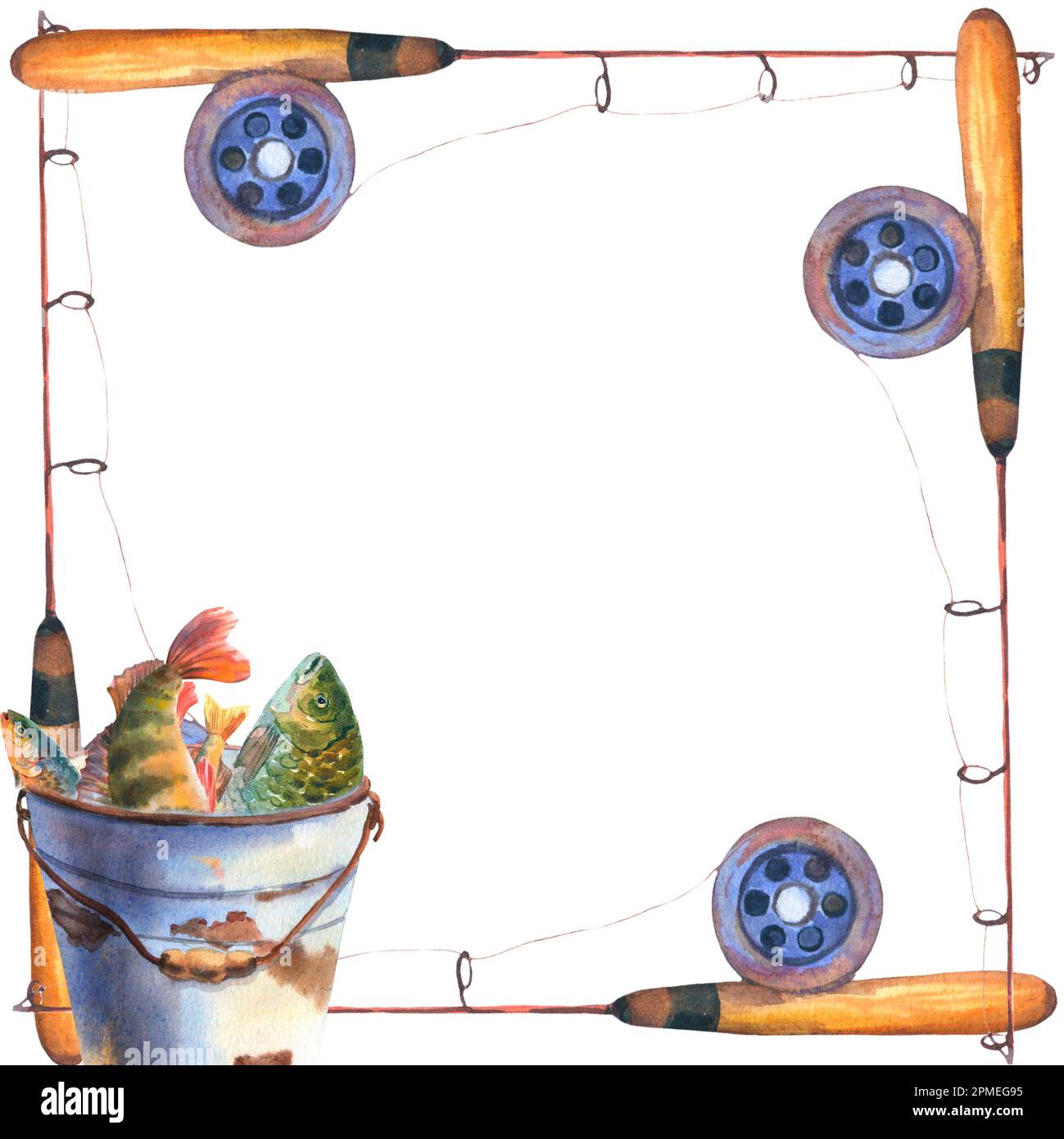 Fishing frame with fishing rods and backet with fishes. Watercolor ...