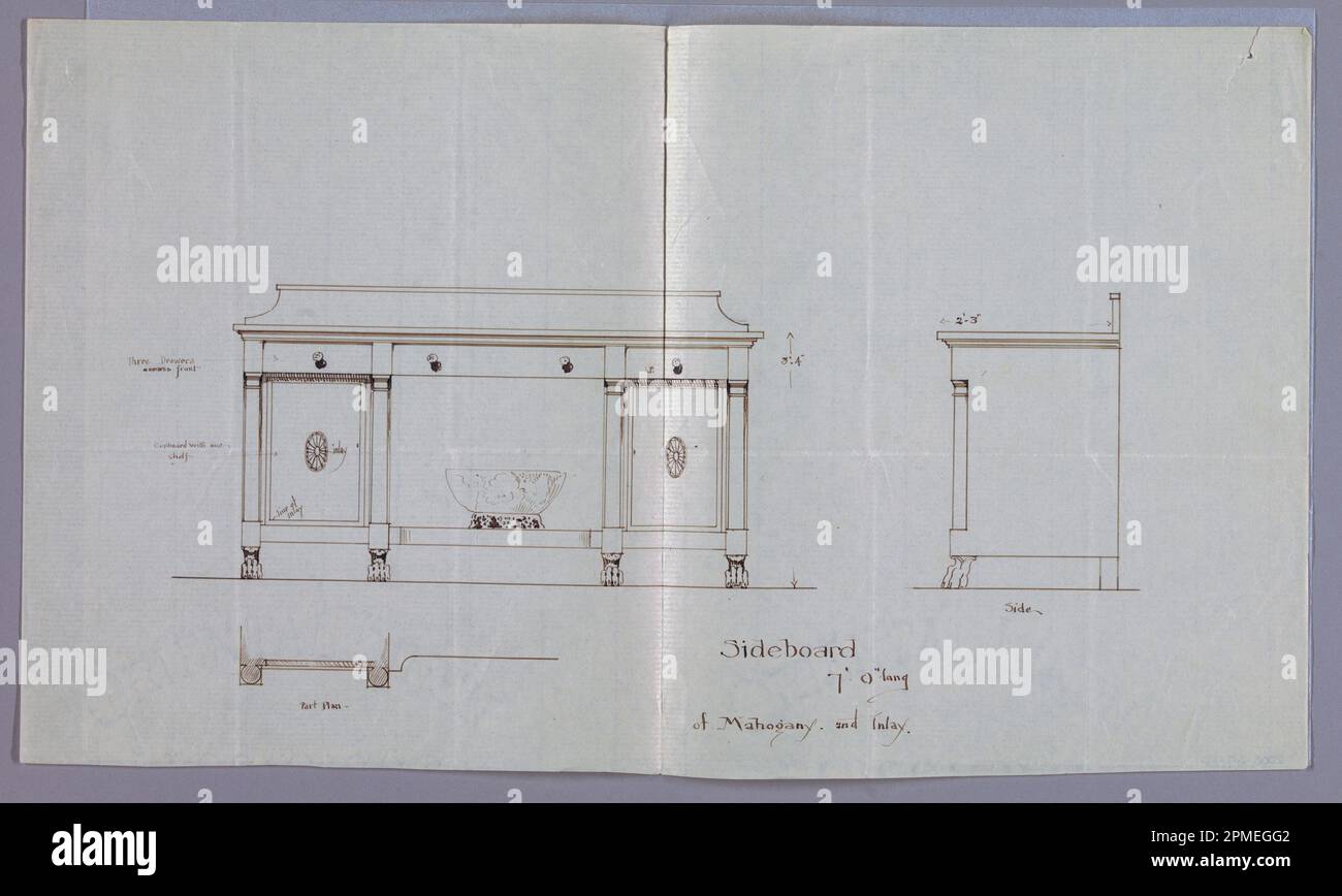 Drawing, Design in Three Views for Mahogany and Inlay Sideboard ...