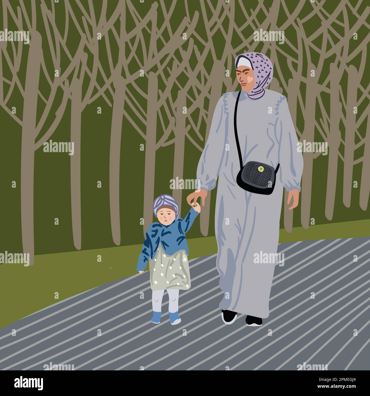 Muslim Arab woman and her child walking in the park, vector ...