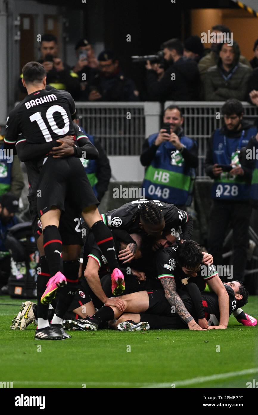 TEAM of AC Milan celebrating after a goal during the UEFA Champions ...