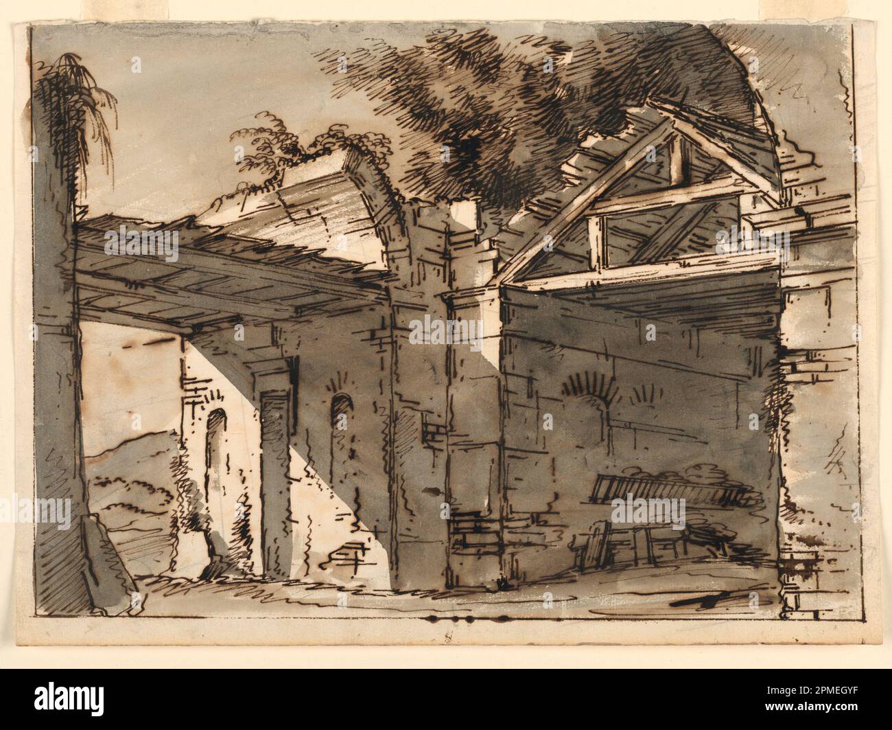 Drawing, Stage Design, Ruins in Landscape; Italy; pen and bistre ink ...