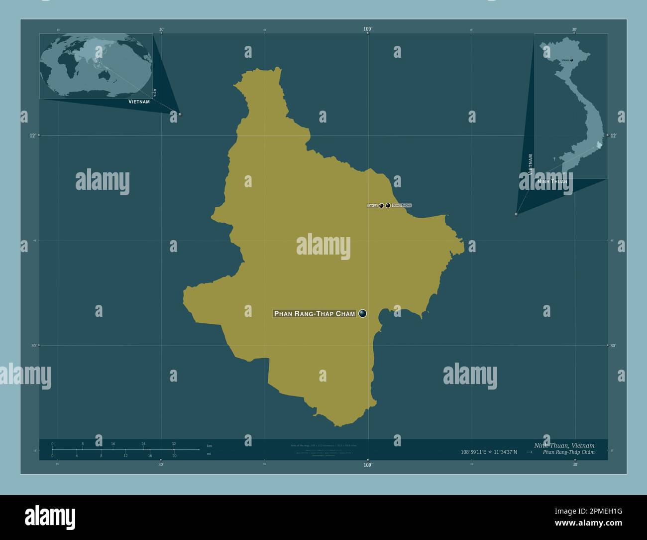 Ninh Thuan, province of Vietnam. Solid color shape. Locations and names ...