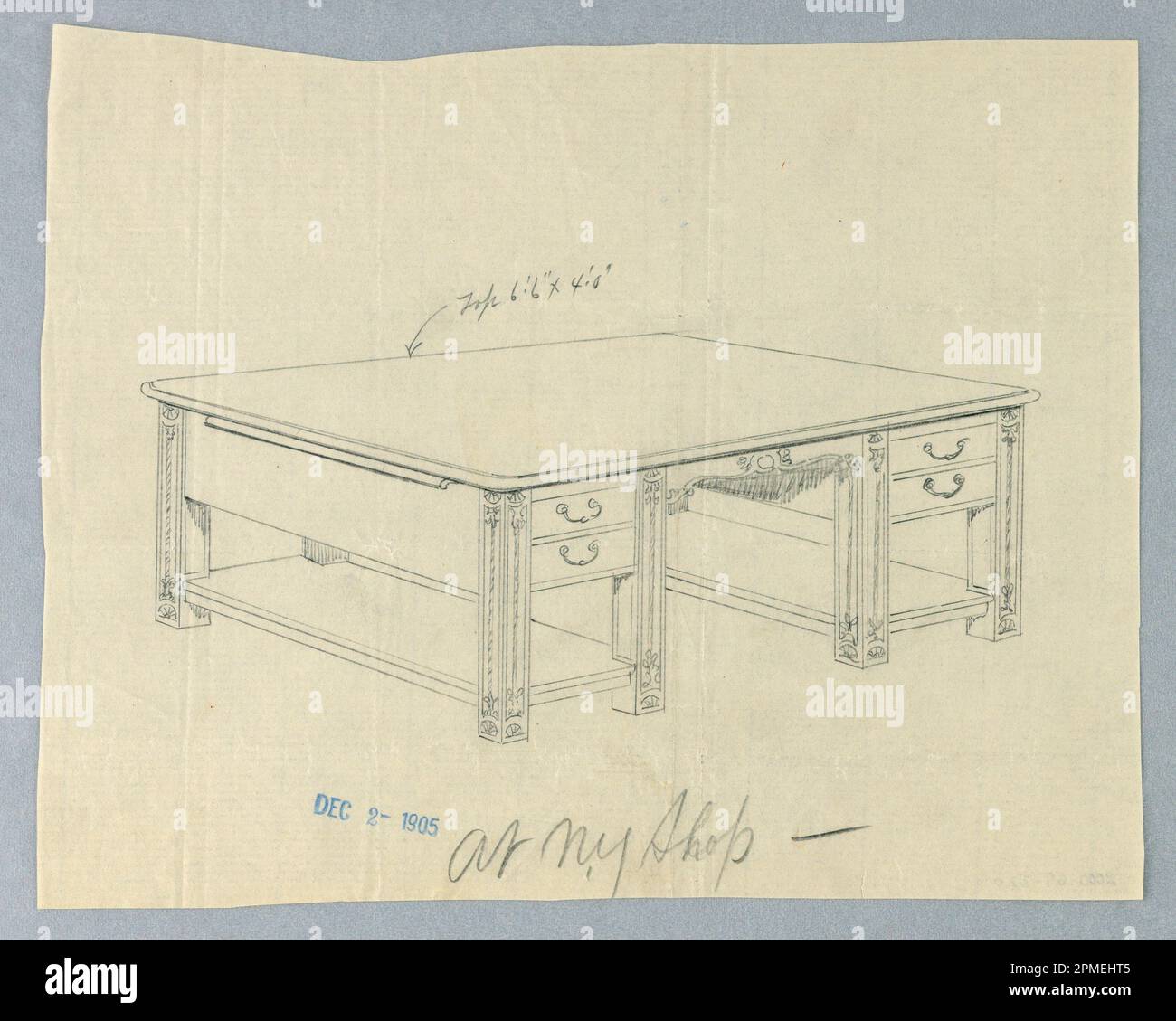 Drawing, Design for Massive Library Table with Two Stretcher Shelves ...