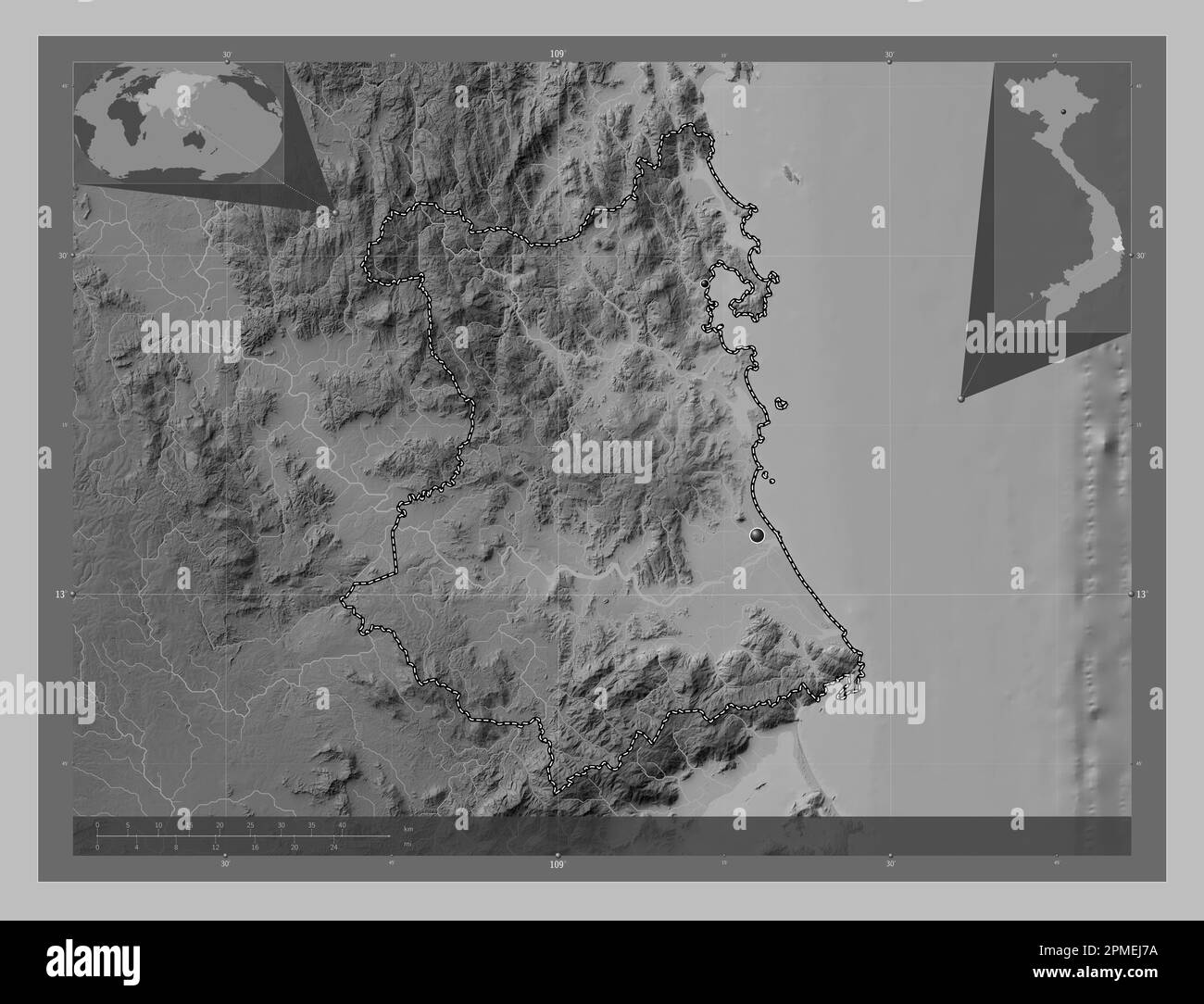 Phu Yen, province of Vietnam. Grayscale elevation map with lakes and ...