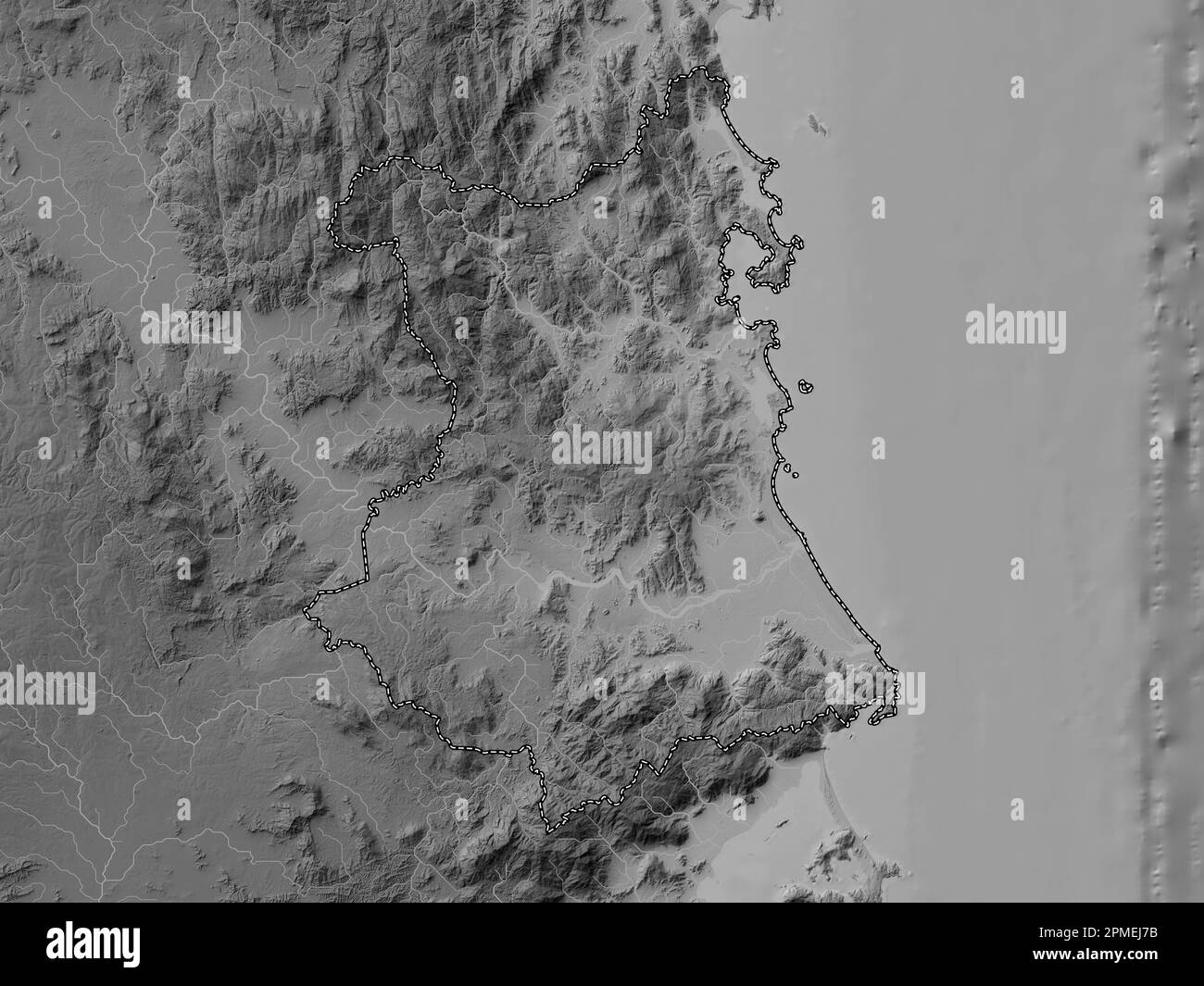 Phu Yen, province of Vietnam. Grayscale elevation map with lakes and ...