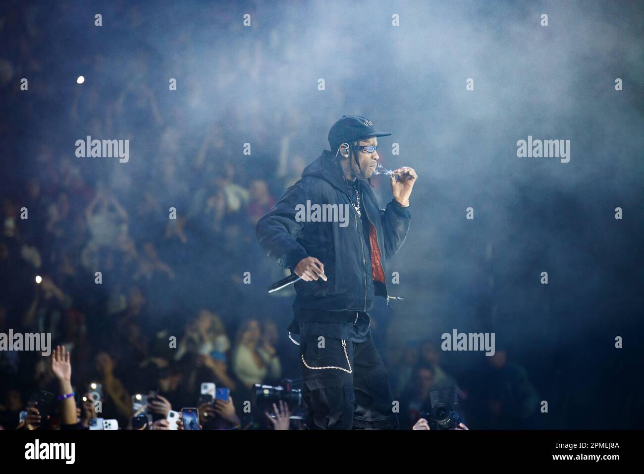 Rapper Travis Scott performing on stage as a guest on NAV's Never Sleep ...
