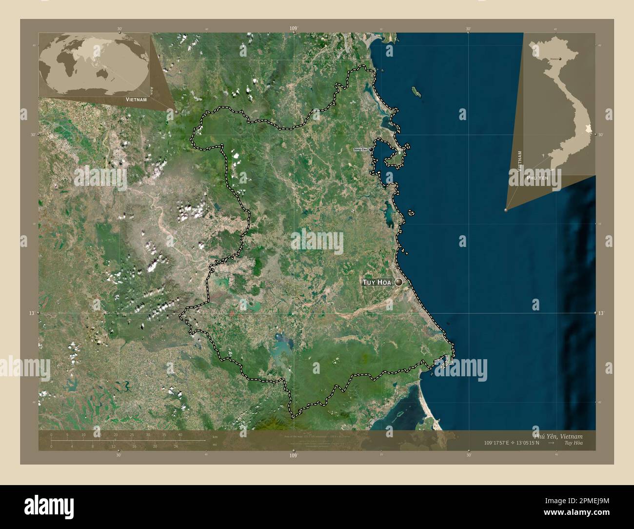 Phu Yen, province of Vietnam. High resolution satellite map. Locations ...