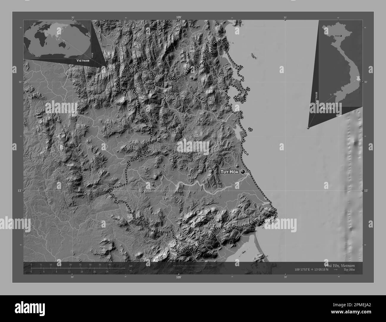 Phu Yen, province of Vietnam. Bilevel elevation map with lakes and ...