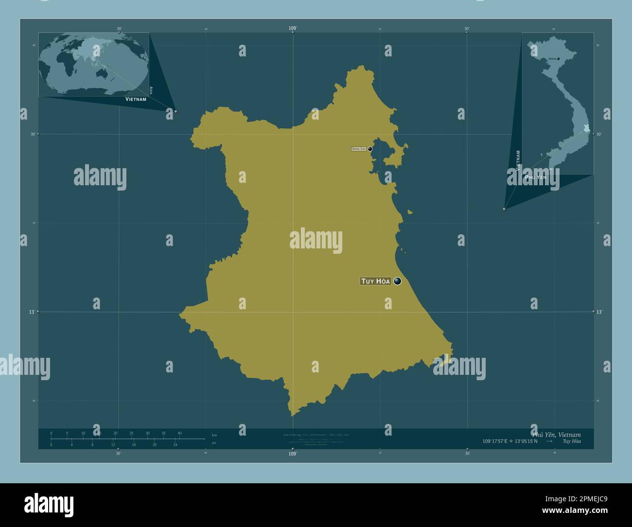 Phu Yen, province of Vietnam. Solid color shape. Locations and names of ...