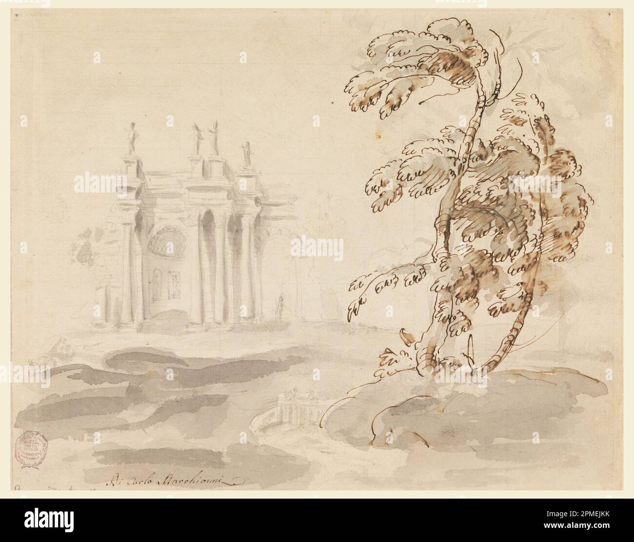 Tree in landscape with building this is a drawing it hi-res stock ...