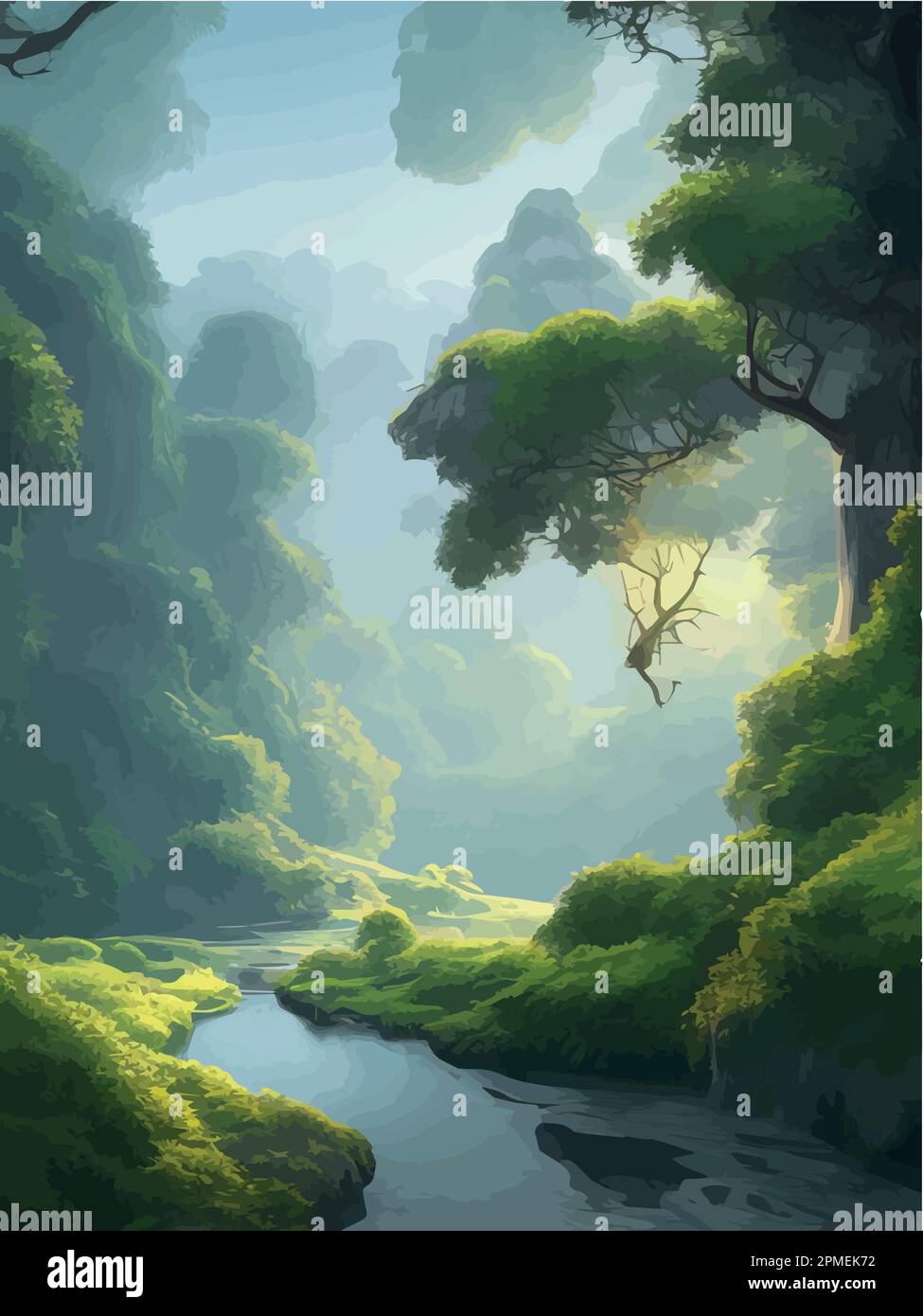 Vertical Travel landscape with river running among forest hills at dawn ...