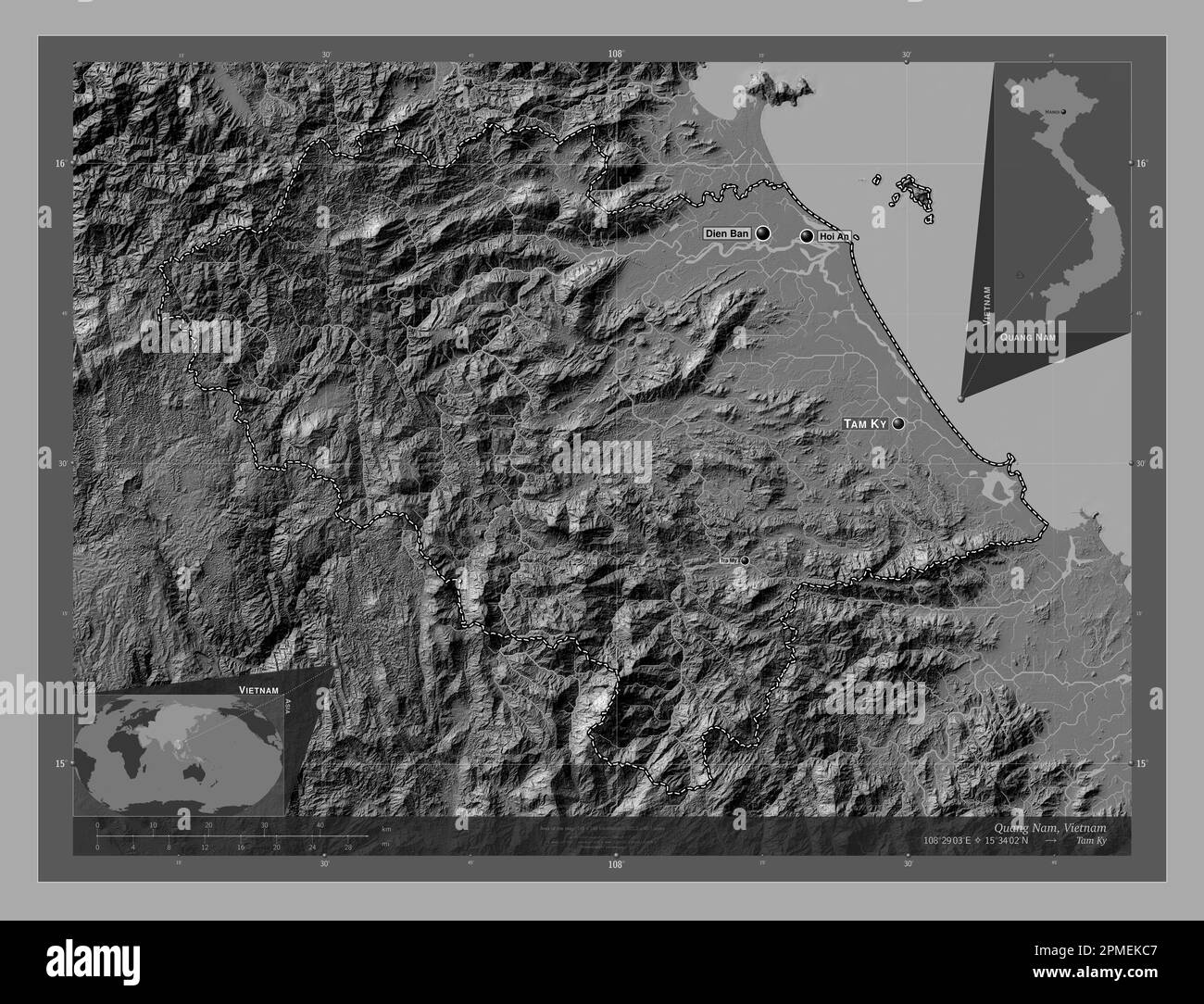 Quang Nam, province of Vietnam. Bilevel elevation map with lakes and ...
