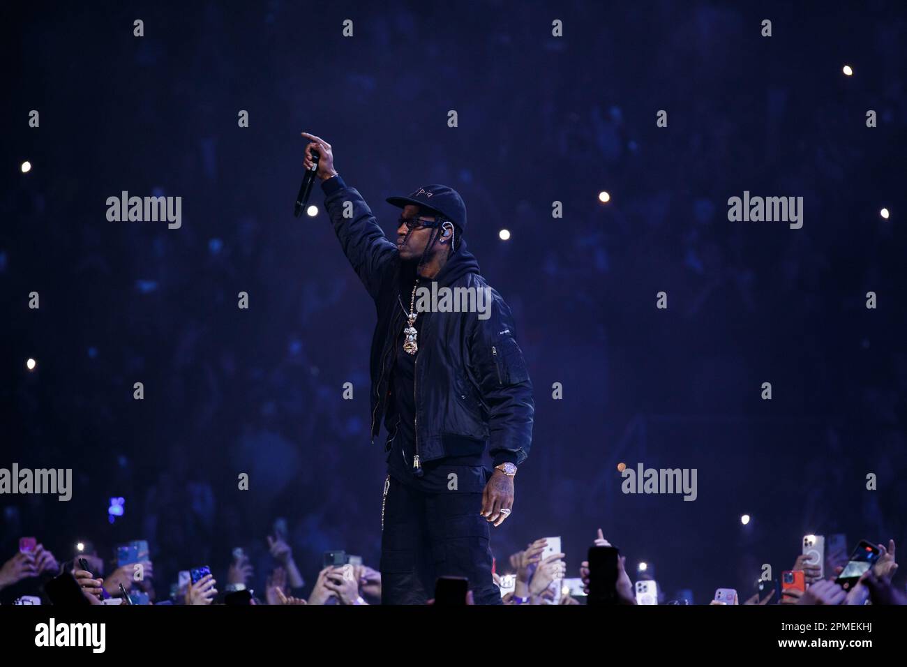 Rapper Travis Scott performing on stage as a guest on NAV's Never Sleep ...