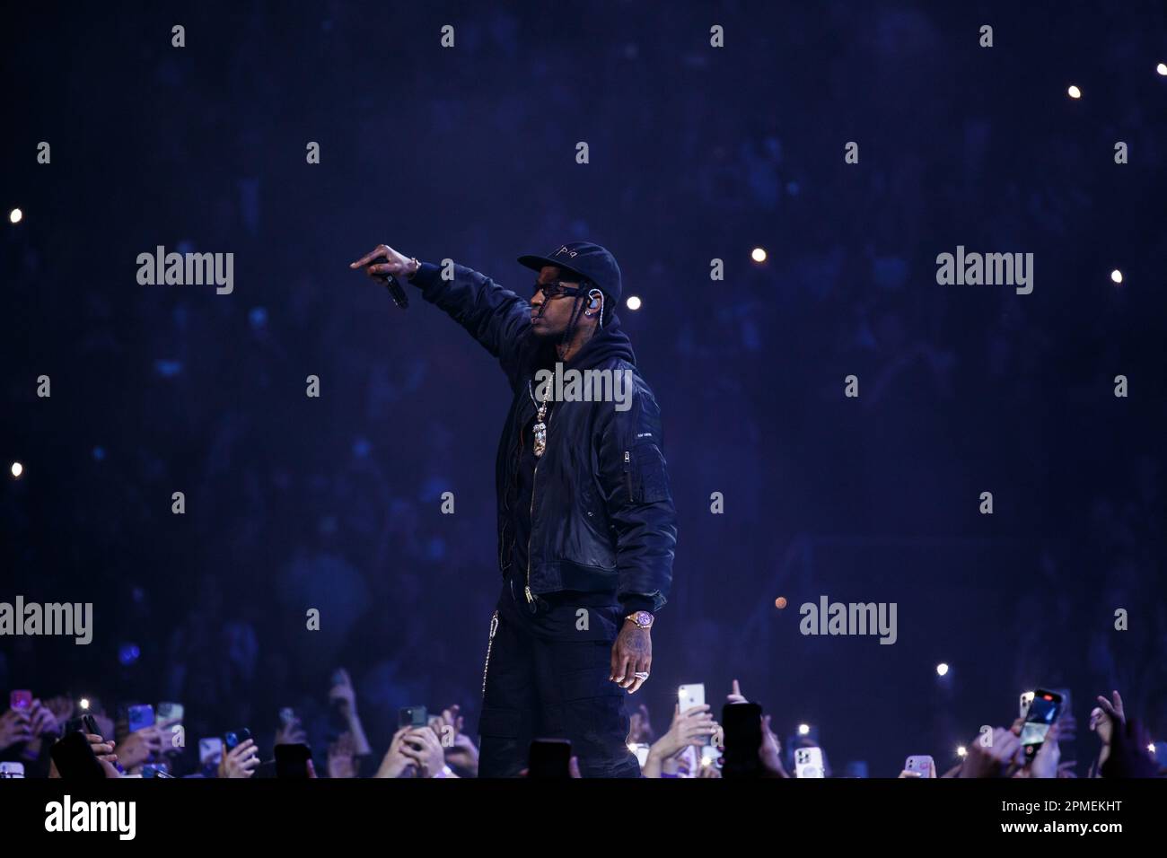 Rapper Travis Scott performing on stage as a guest on NAV's Never Sleep ...