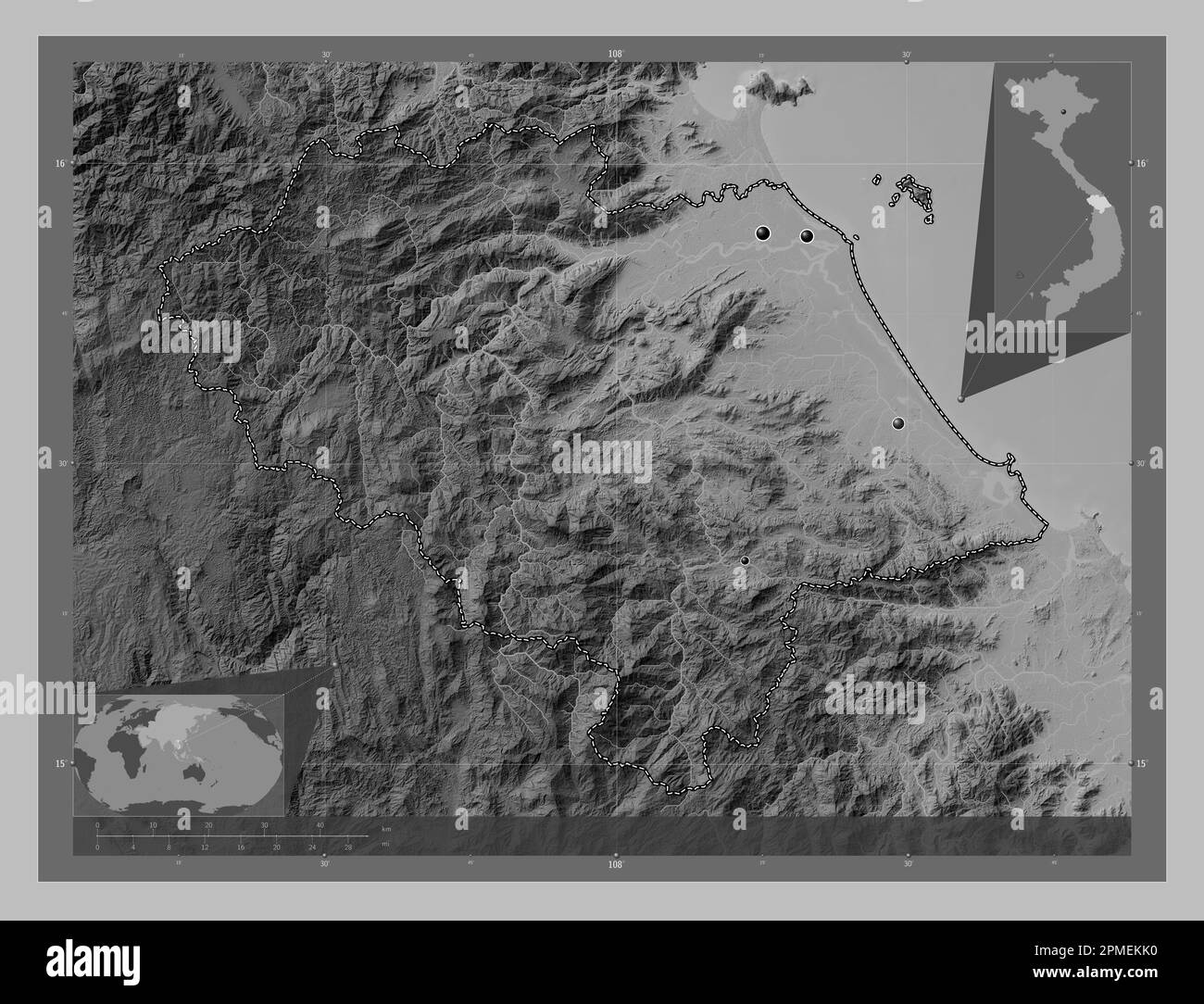 Quang Nam, province of Vietnam. Grayscale elevation map with lakes and ...