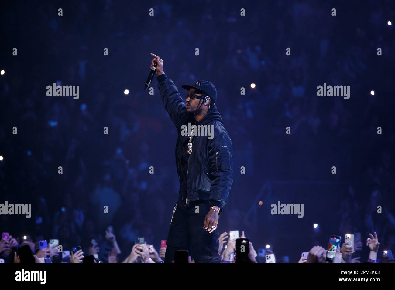 Rapper Travis Scott performing on stage as a guest on NAV's Never Sleep ...