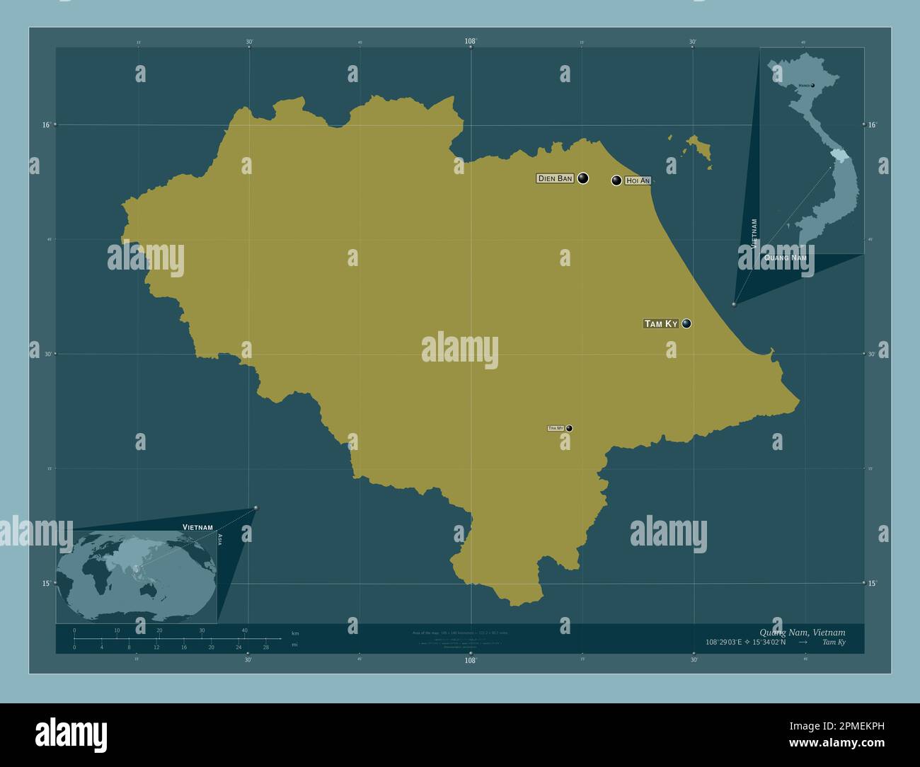 Quang Nam, province of Vietnam. Solid color shape. Locations and names ...
